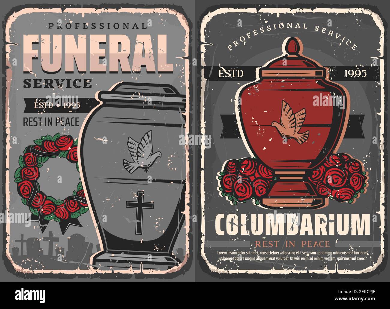 Funeral ceremony vintage design of burial, cremation and interment ...