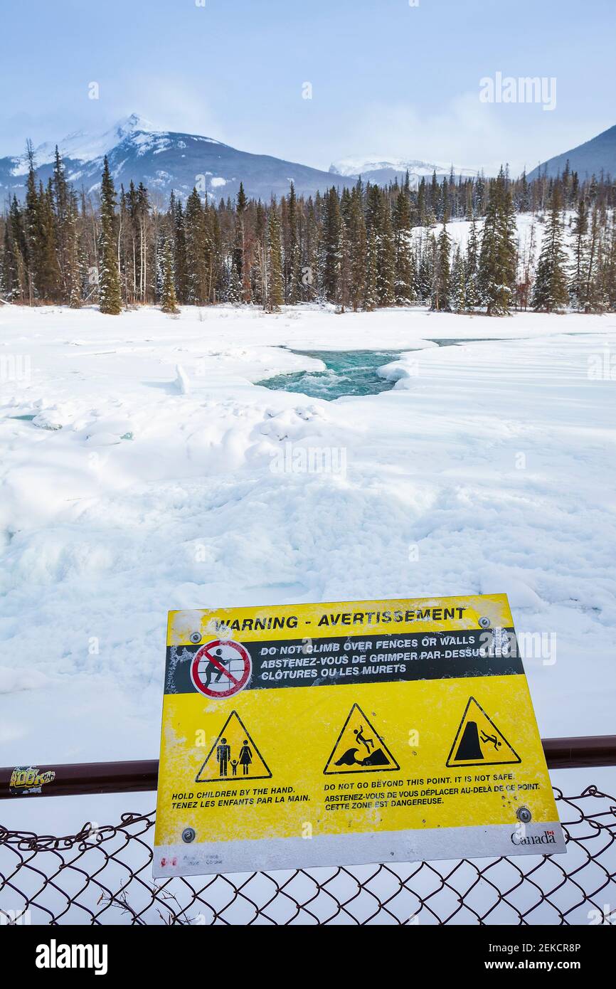 Warning Sign at Athabasca Falls, Jasper, Alberta, Canada Stock Photo ...