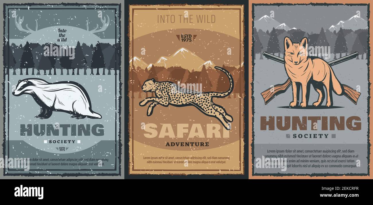 Hunting sport and safari adventure retro design with vector animals and ...