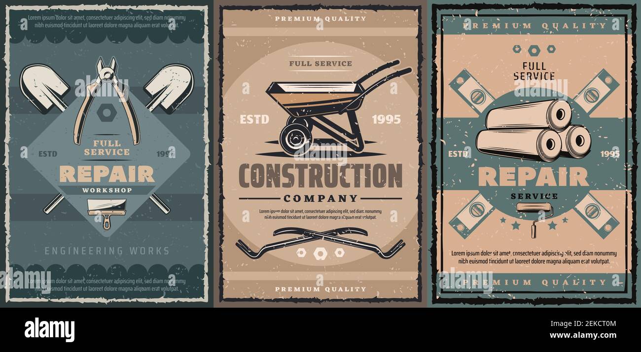 Construction company and repair service retro design with building work ...