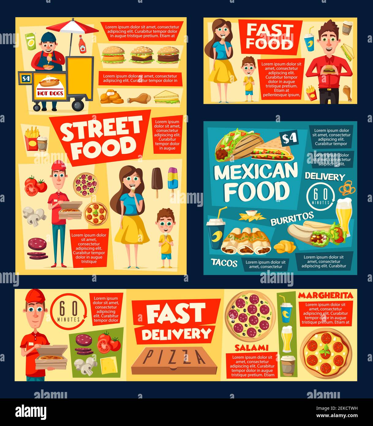 Fast food meal and drink vector menu of burger cafe, mexican restaurant ...