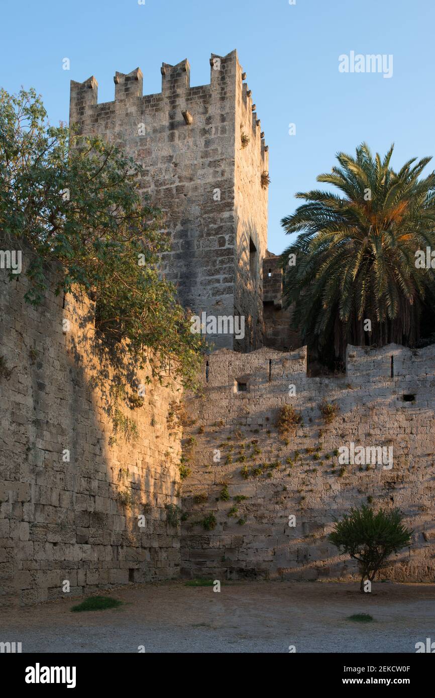 Rhodes town fortifications: old stone tower and palmtree at sunset ...