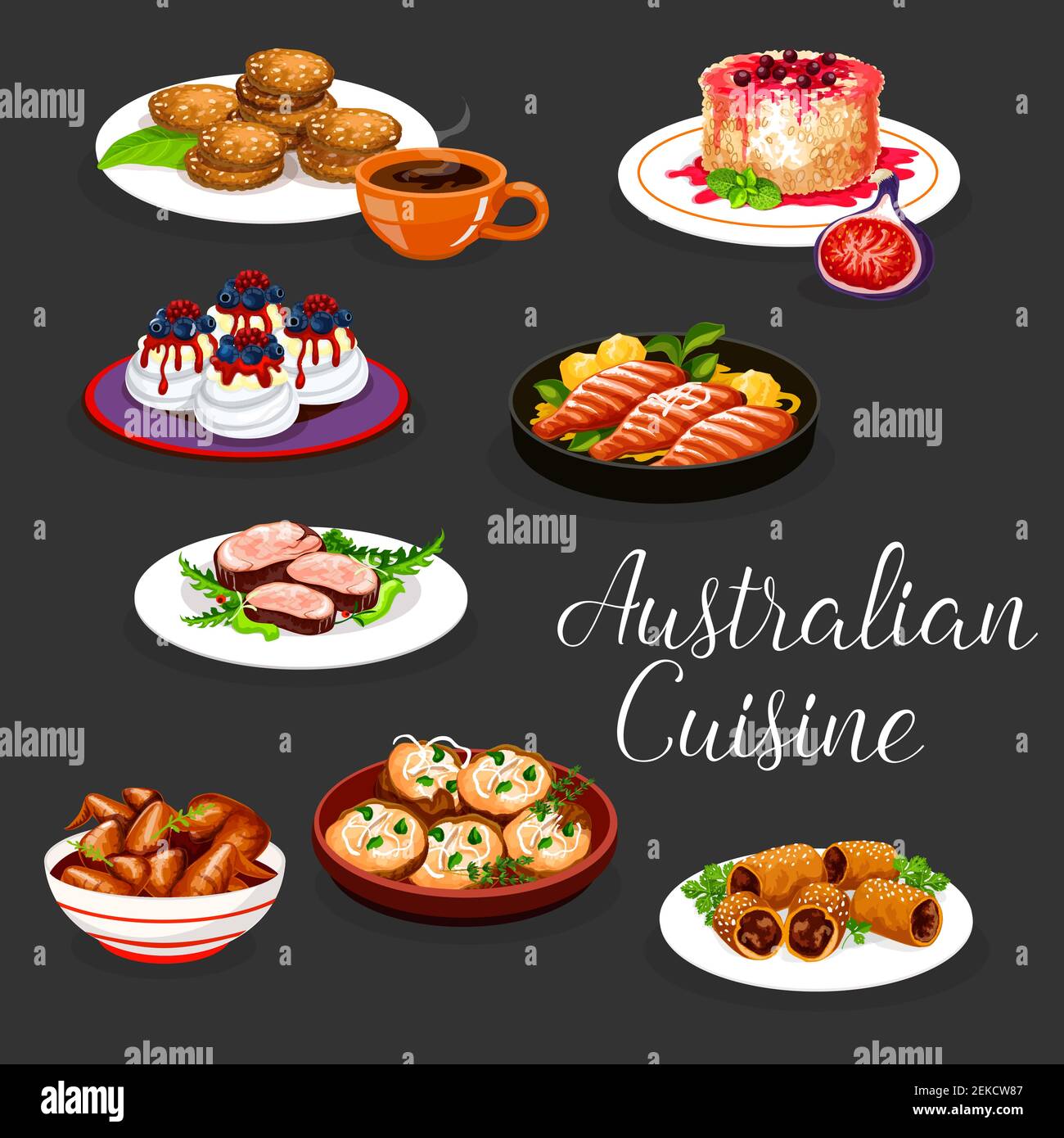 Australian cuisine vector design of beef meat steak, baked potato and ...
