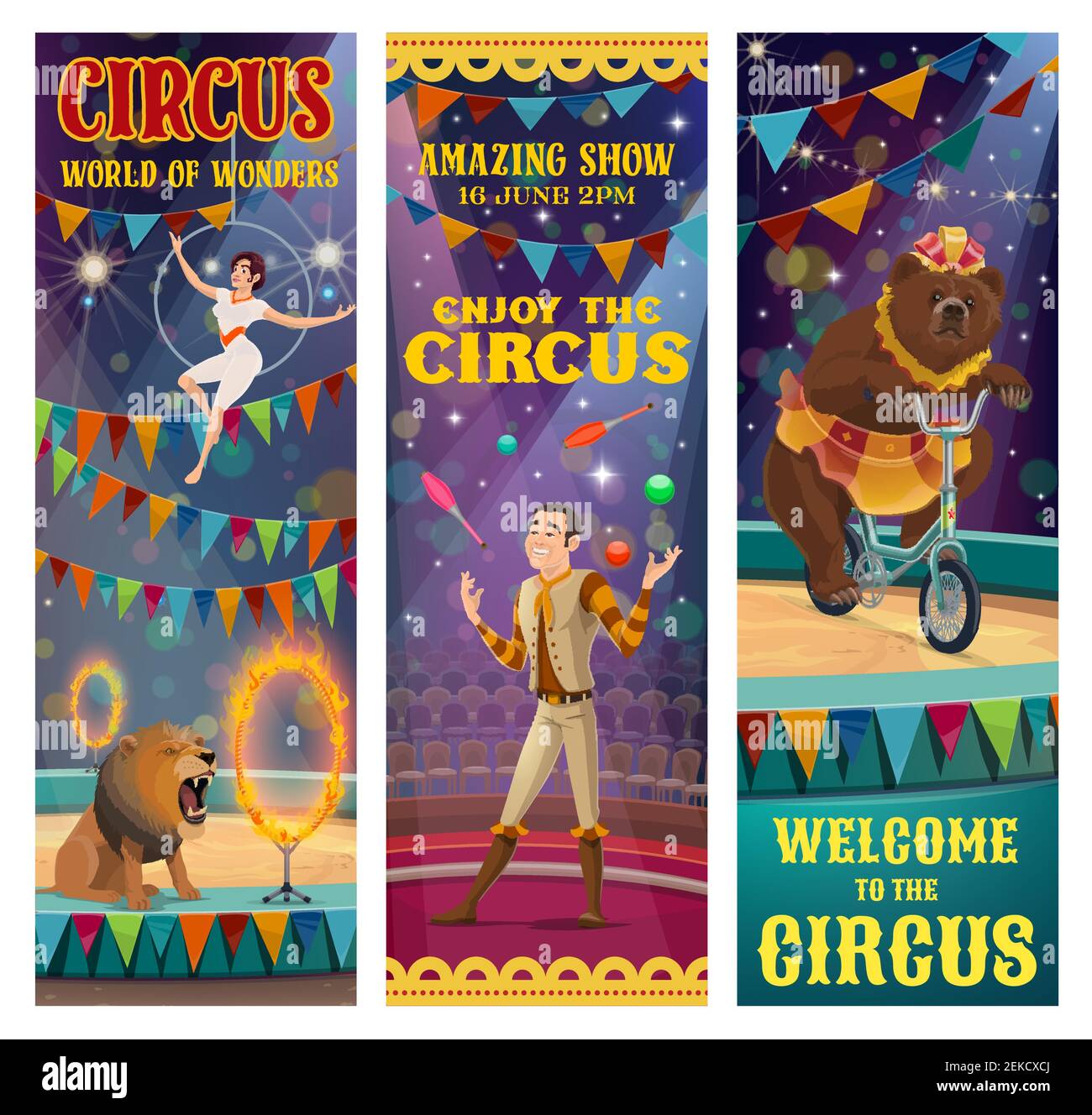 Circus show of acrobat, trained animals and juggler vector banners ...