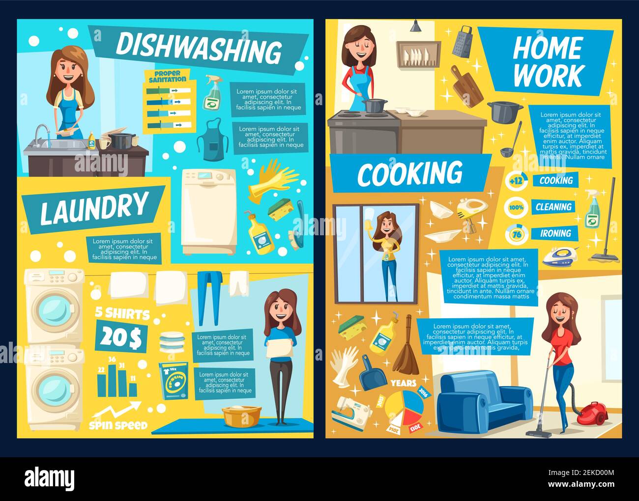 Housework and house cleaning service vector posters of laundry, cooking ...