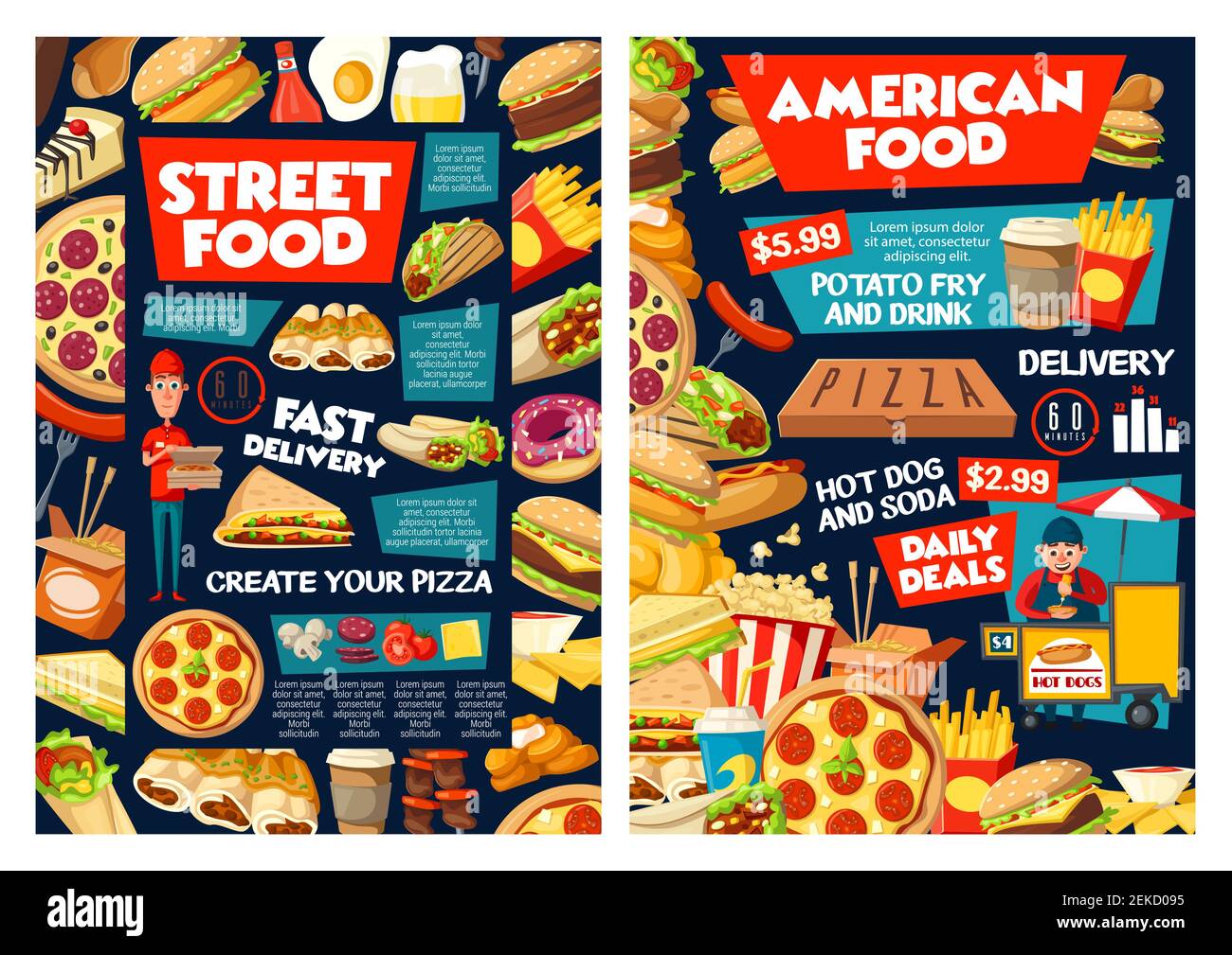 Fast food vector menu of street food restaurant snack meal and drink ...