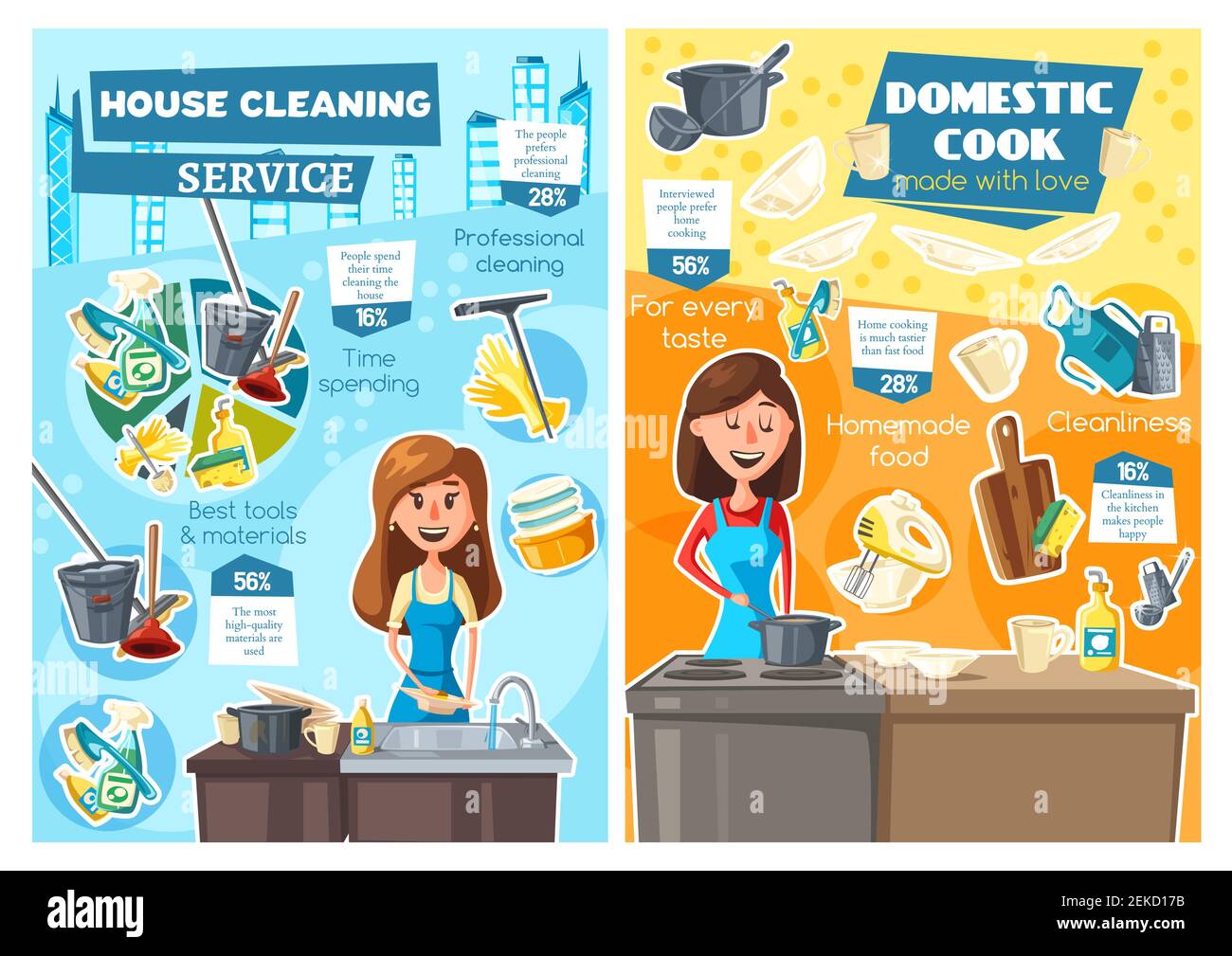 House cleaning and home cooking service vector posters of housework and ...