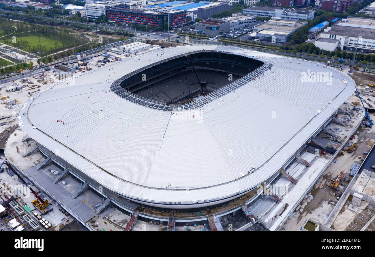 An aerial view of the Pudong Football Stadium under construction ...
