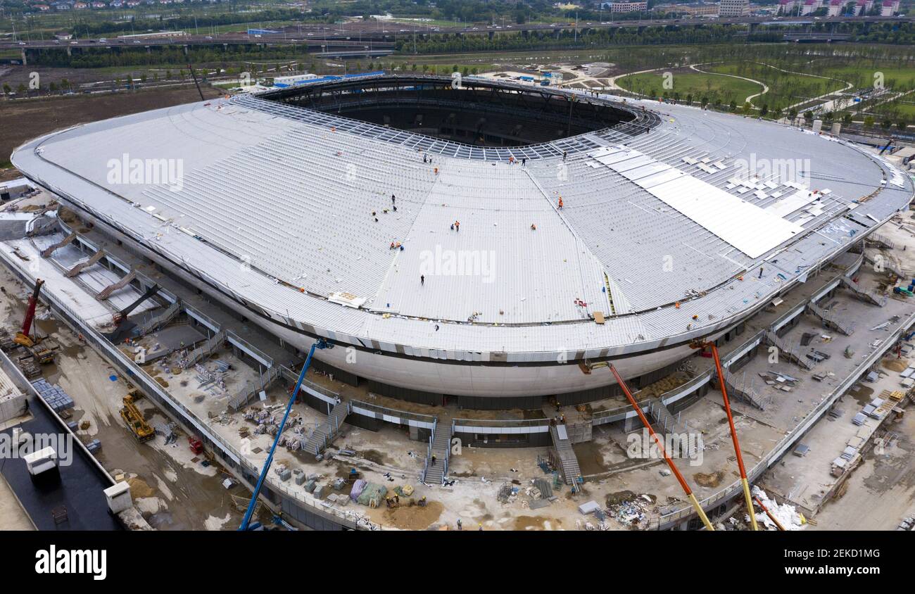 An aerial view of the Pudong Football Stadium under construction ...