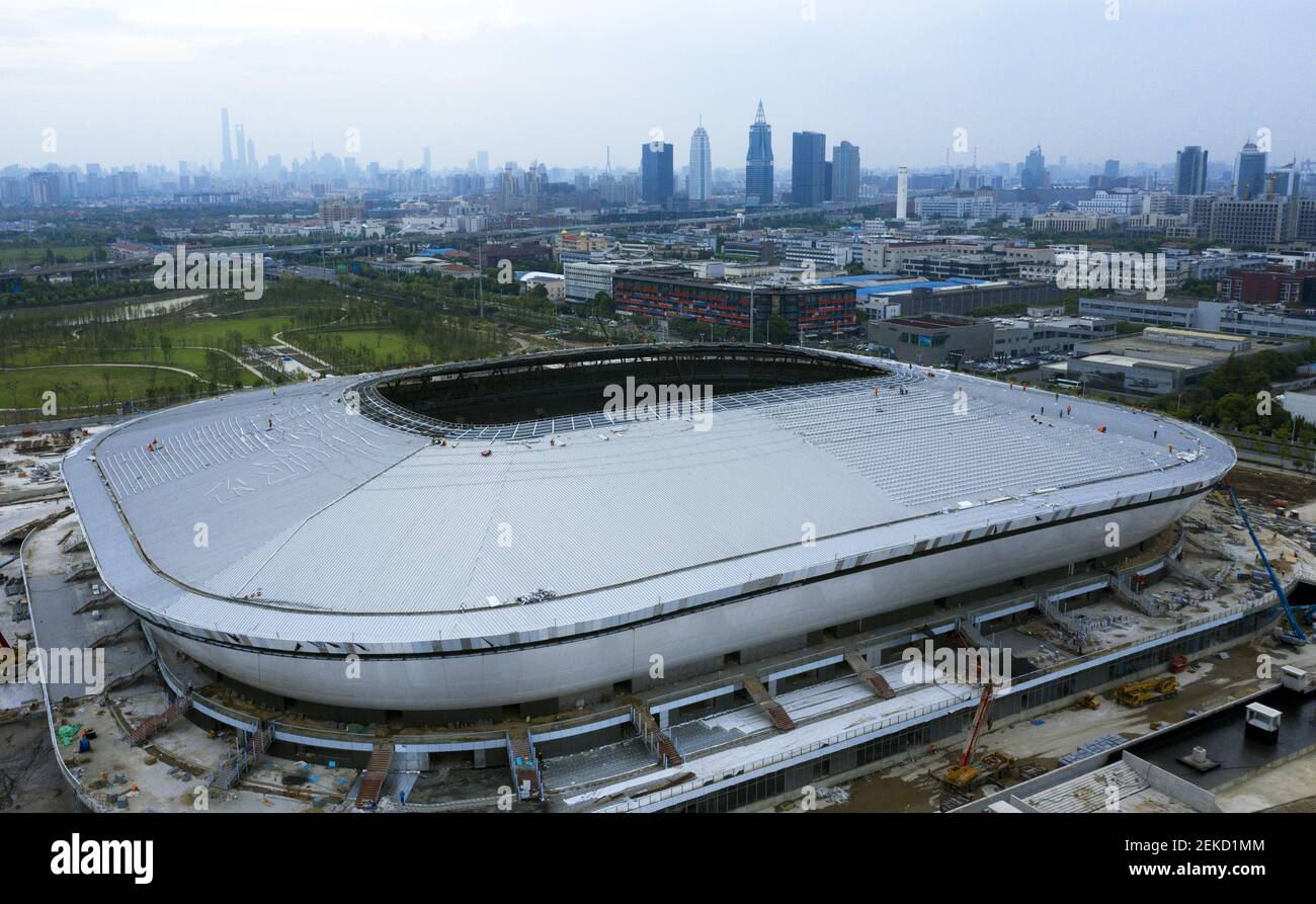 An aerial view of the Pudong Football Stadium under construction ...