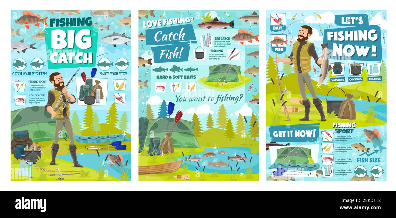 Fishing sport, fisherman tackle and tourism equipment vector posters ...
