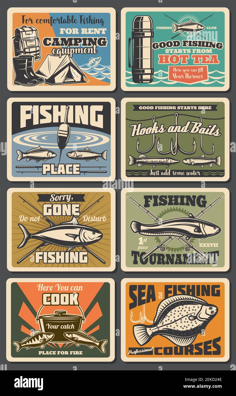 Fishing sport, tourism and camping equipment retro posters with vector ...