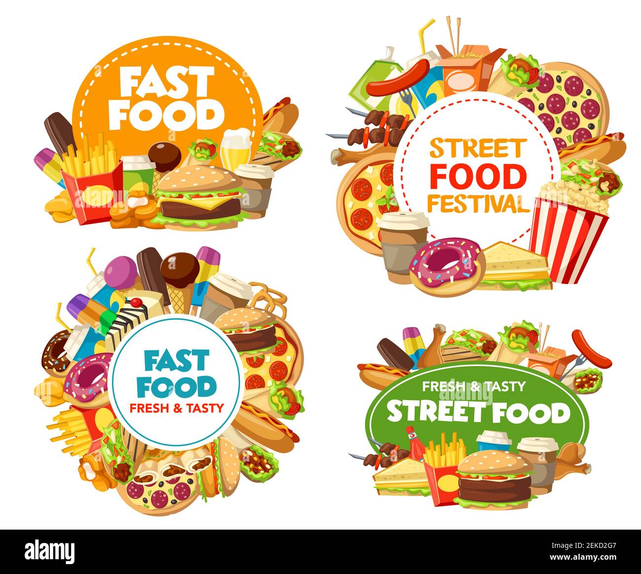 Fast food meal, drinks and desserts vector design of burger cafe and ...