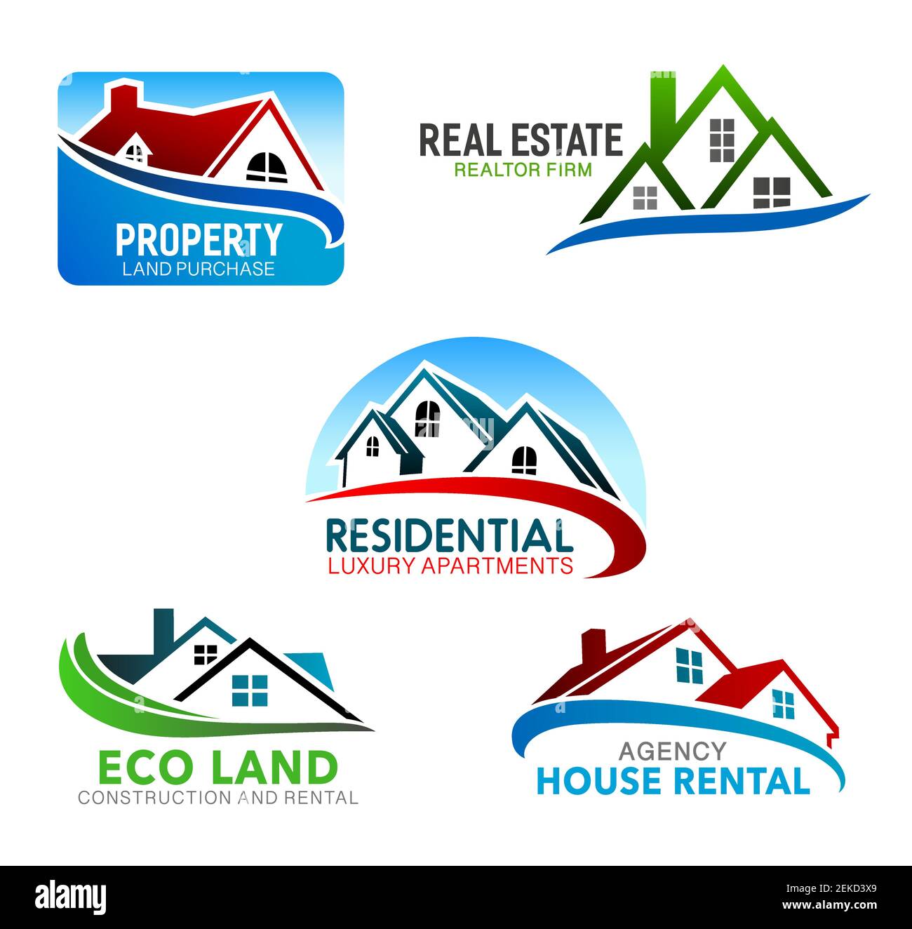 Construction, real estate and rental agency vector symbols with houses ...