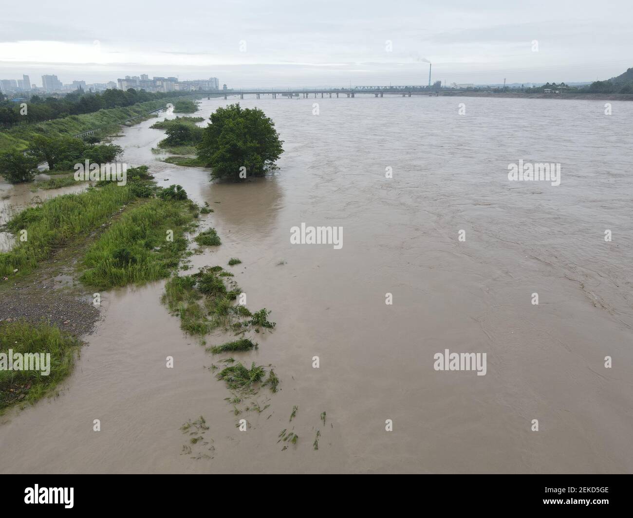 An aerial view of water level rising as the flood peak, which is caused ...