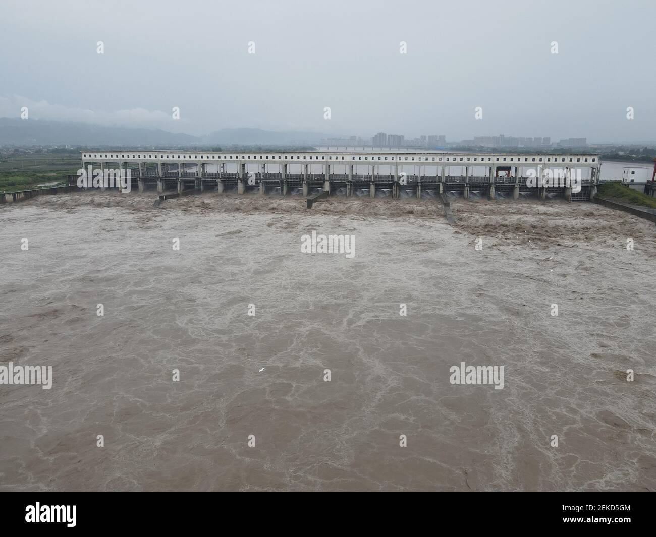 An aerial view of water level rising as the flood peak, which is caused ...