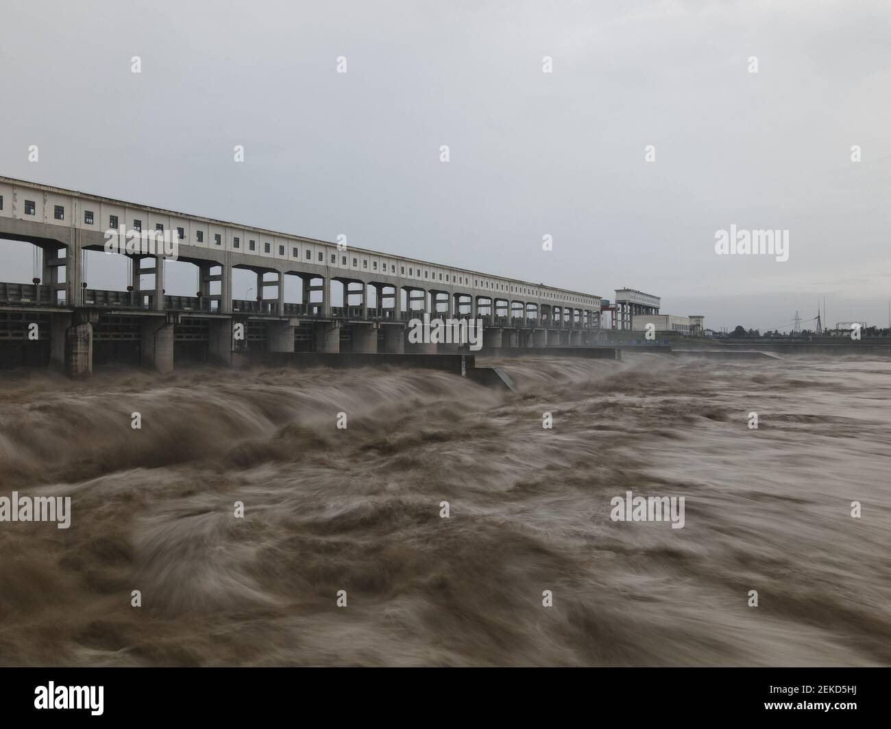 An aerial view of water level rising as the flood peak, which is caused ...
