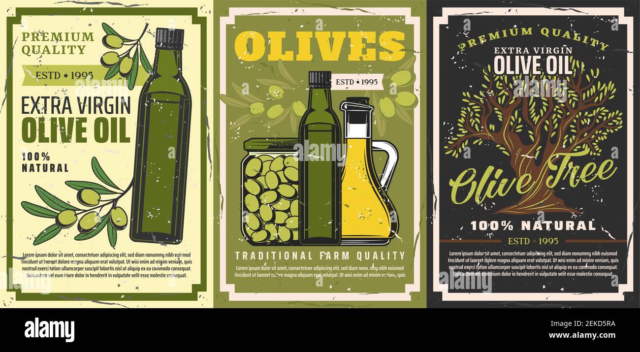 Olive oil and natural food products retro posters with vector bottles ...