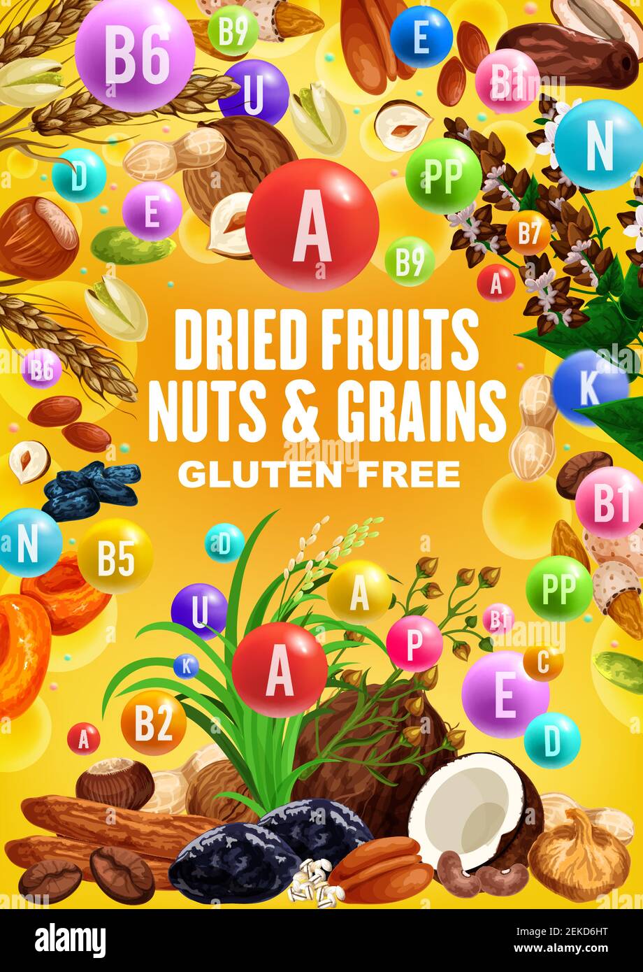 Nuts, dried fruits and grains rich of vitamins. Vector date, peanut and ...