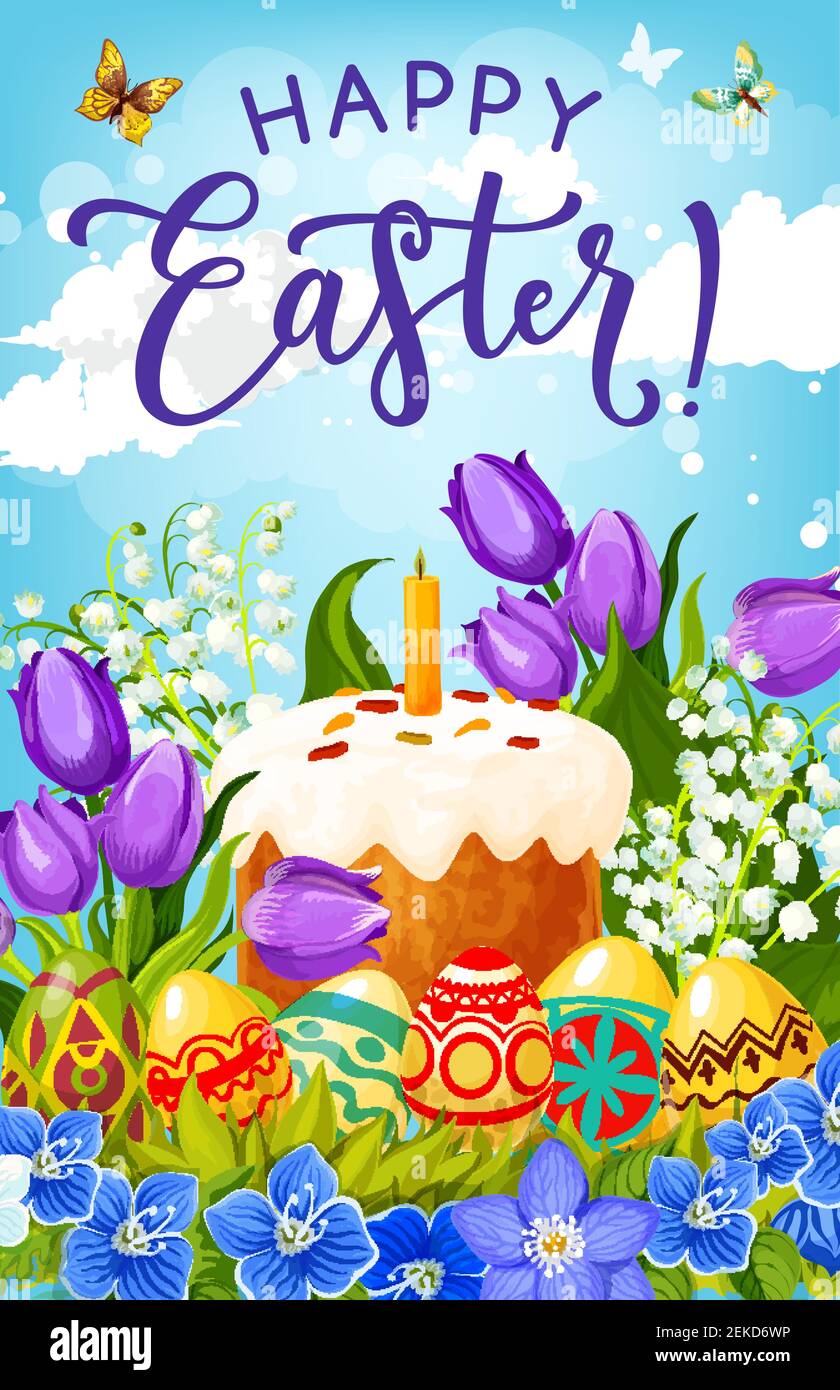 Easter eggs, cake and spring flowers vector greeting card of christian ...
