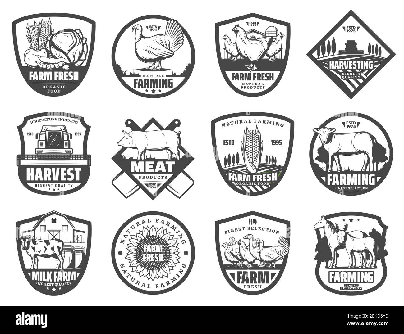 Farm vector badges of milk, vegetable and meat food product ...