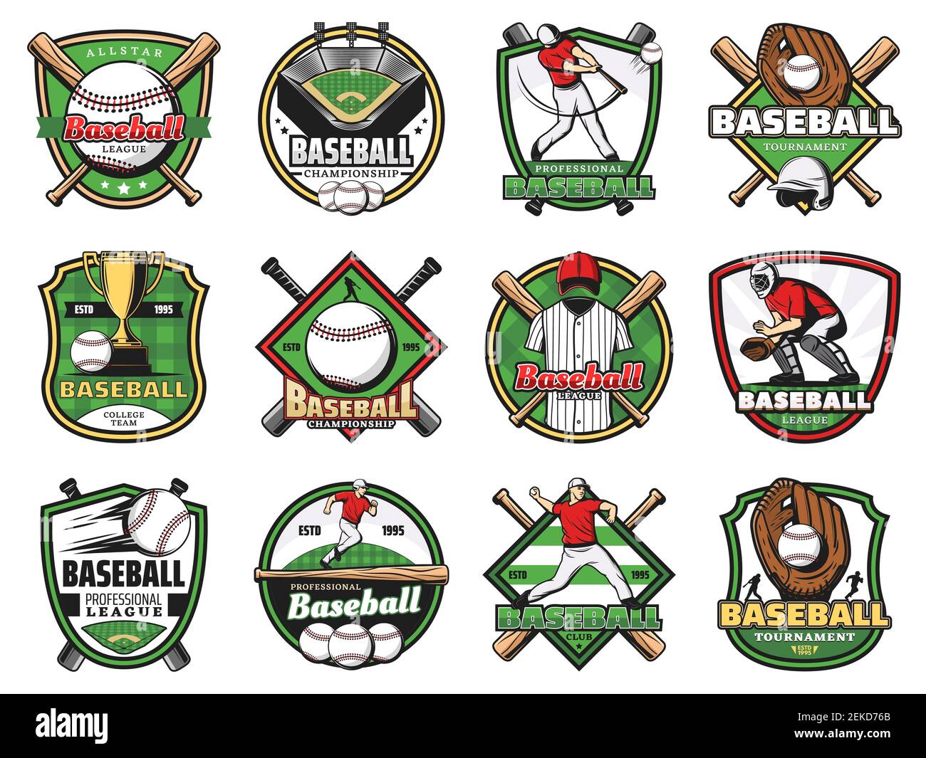 Baseball sport badges with vector players, balls and bats, winner ...