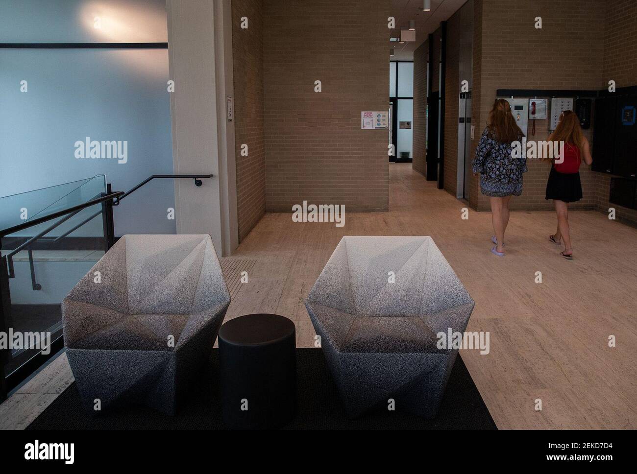 The lobby at Kacek Hall is outfitted by four geometric chairs designed ...