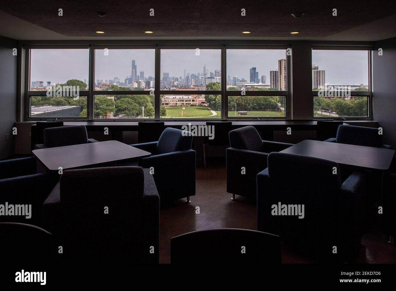 The eighth-floor lounge at Kacek Hall has a view of the Chicago skyline ...