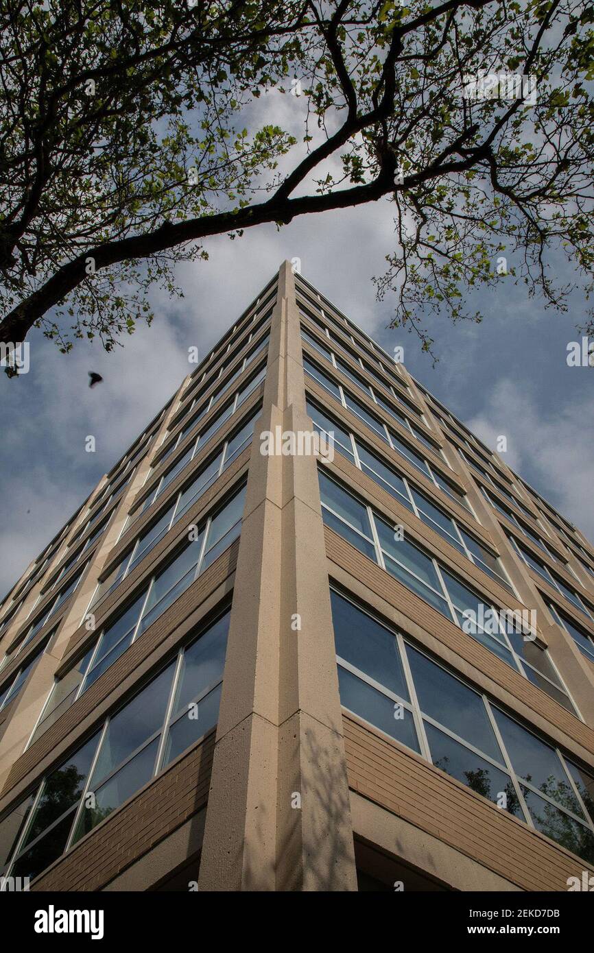 The renovated exterior of Kacek Hall, which was designed by Ludwig Mies ...