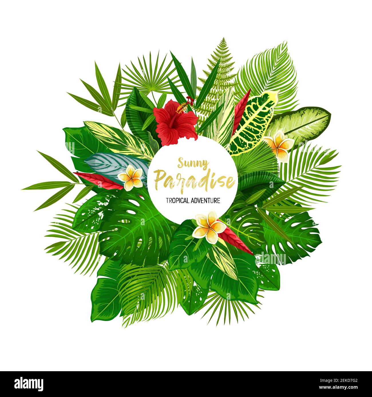 Tropical floral poster with exotic palm leaf and flower. Green foliage ...