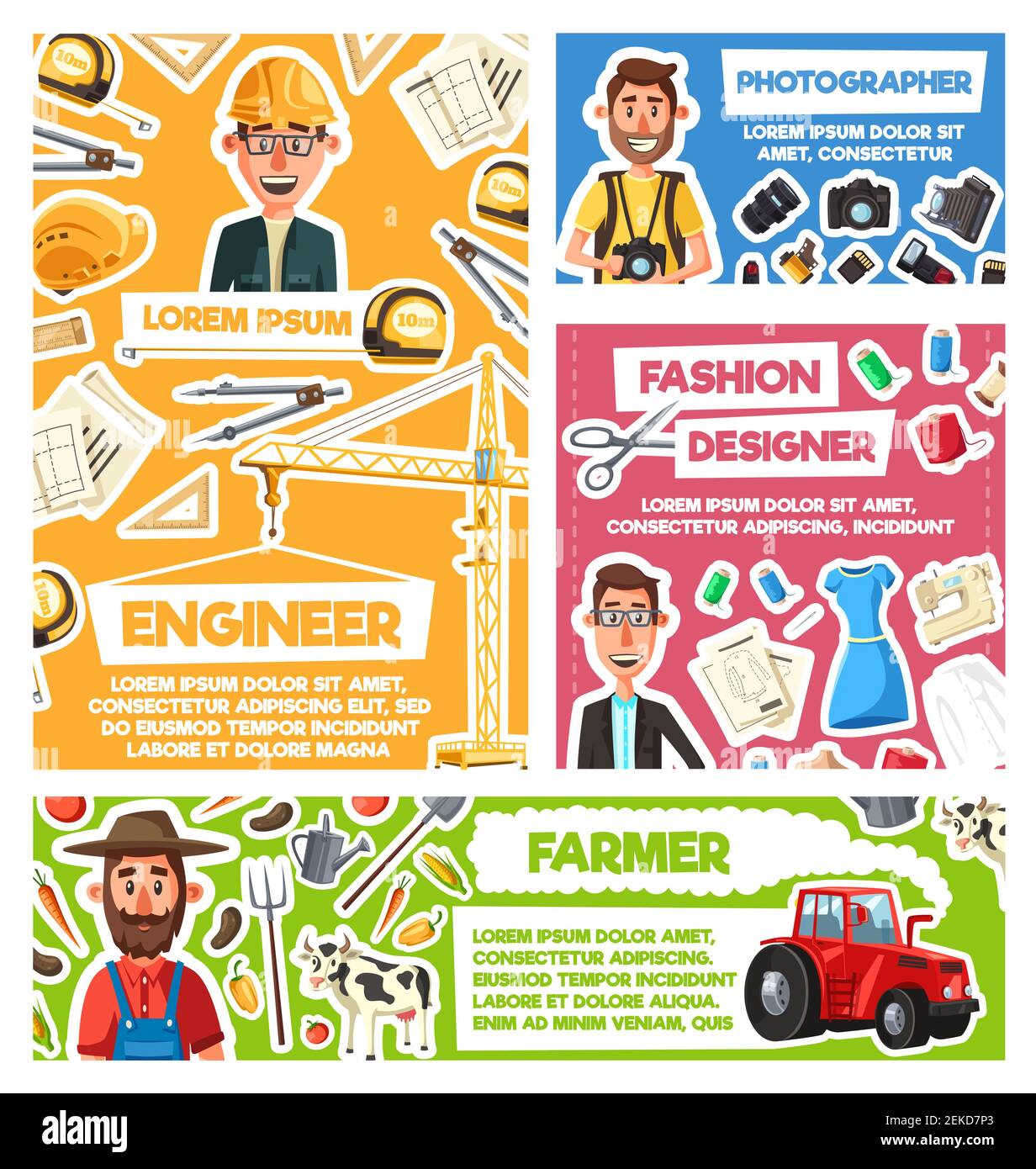 Professions and occupations of building engineer, farmer, photographer ...