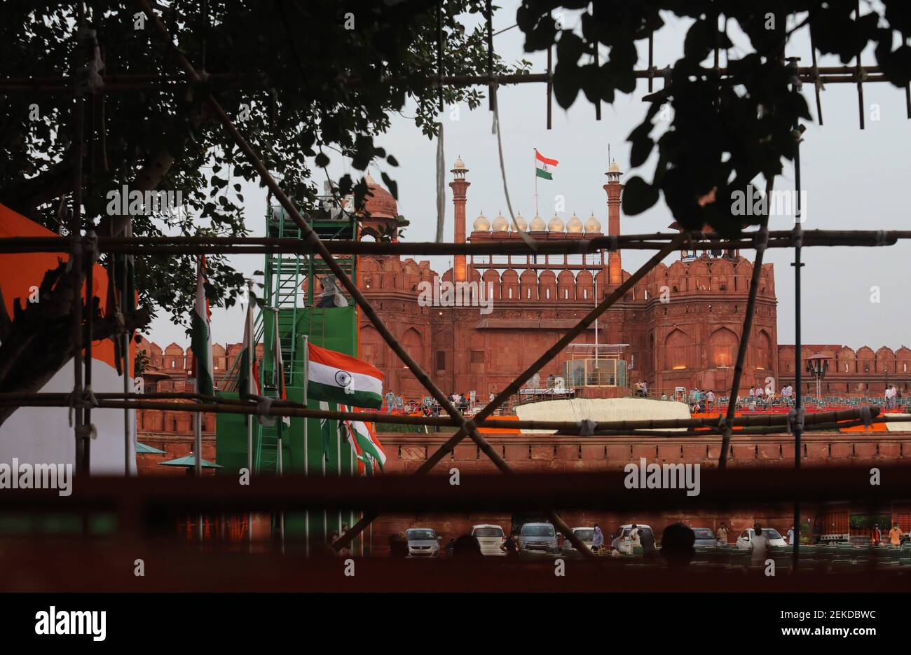 Indian national flag flutters atop the historic Red Fort as preparation ...
