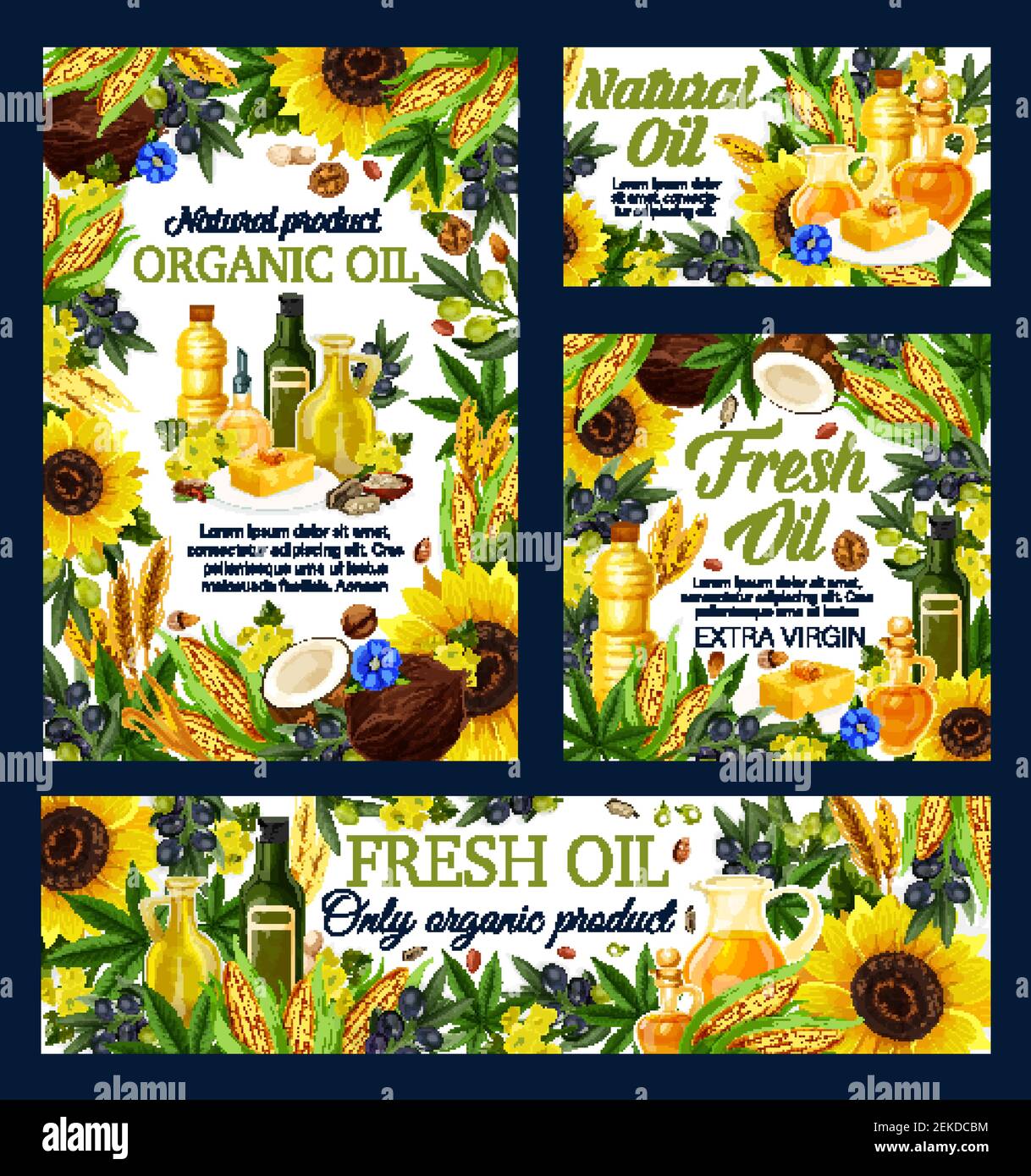 Cooking oil with vector frame of natural vegetable food ingredients ...