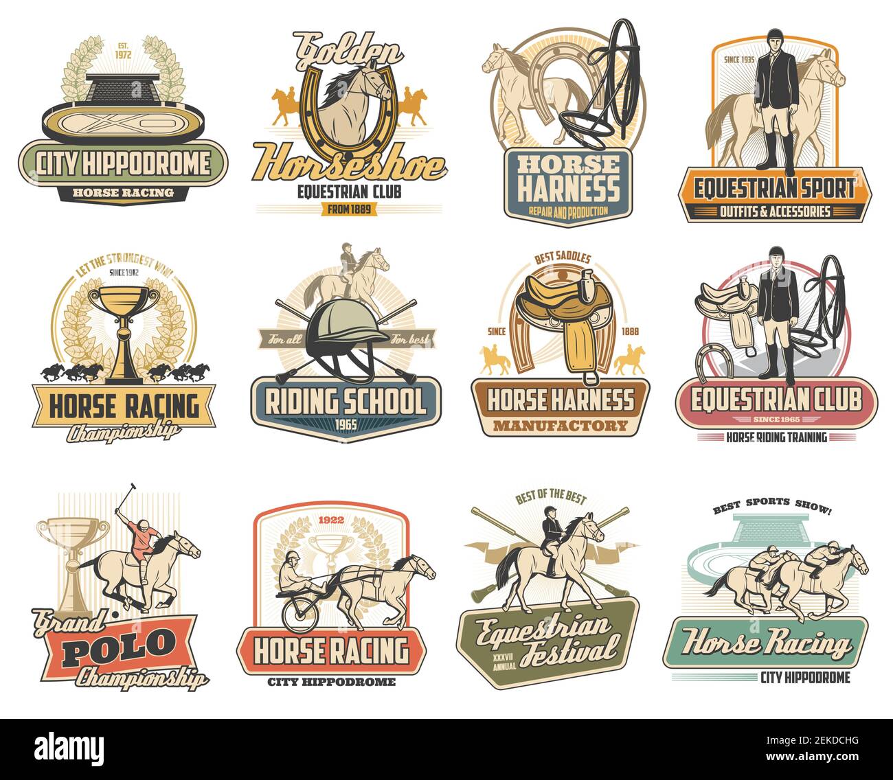 Equestrian sport vector badges of horse race, polo and riding school ...