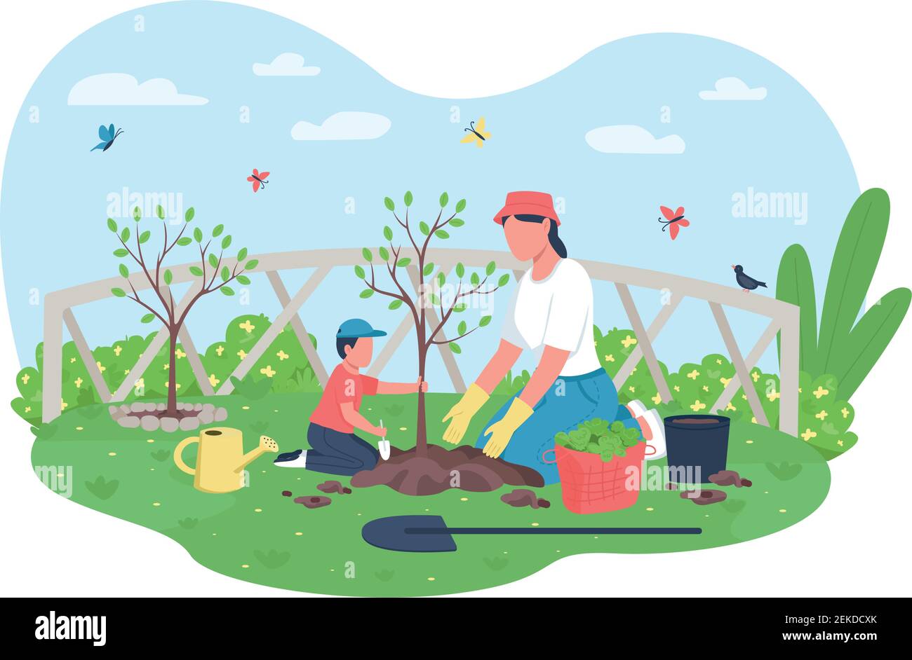 Planting tree together 2D vector web banner, poster Stock Vector Image ...