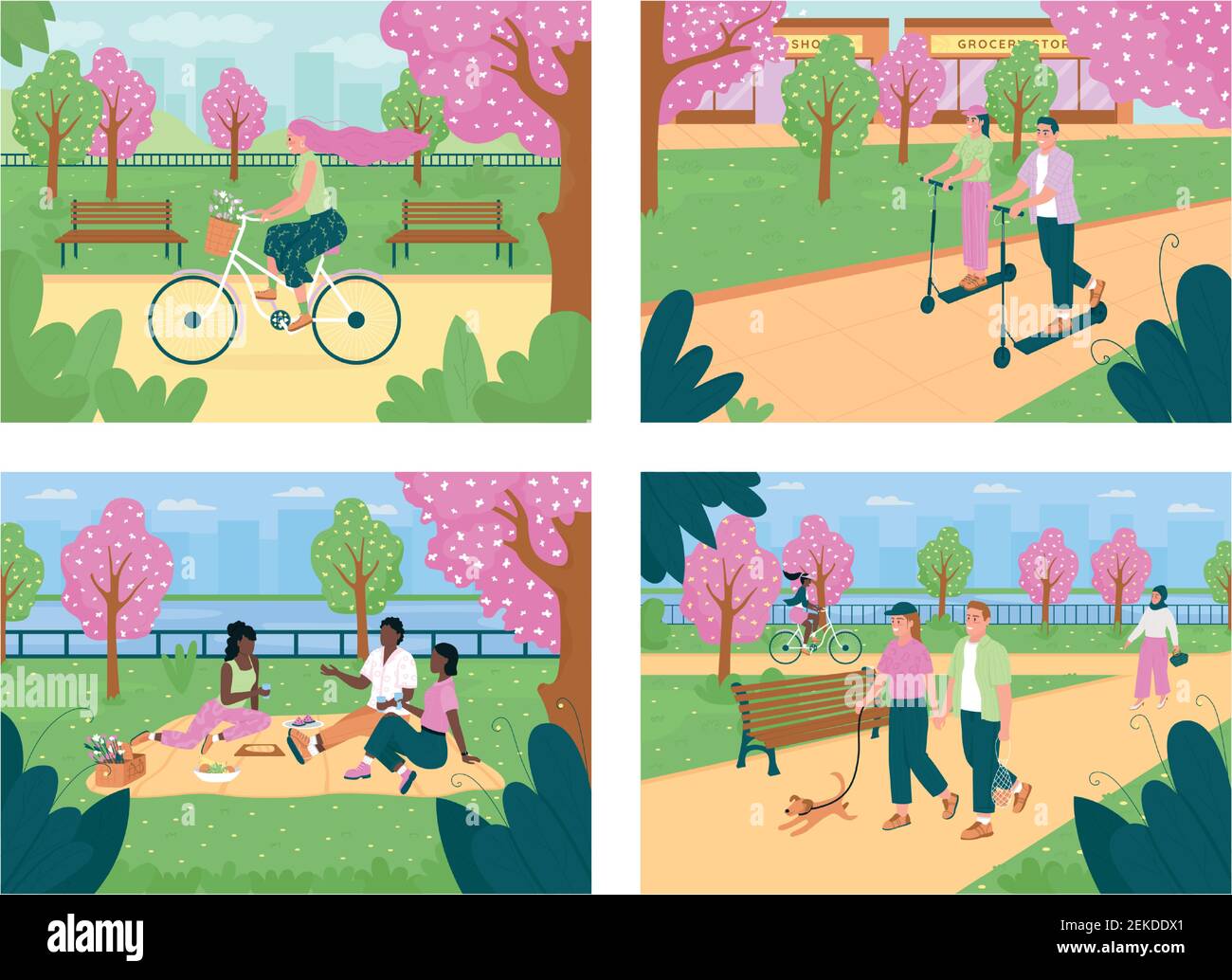 Recreation in spring park flat color vector illustration set Stock ...