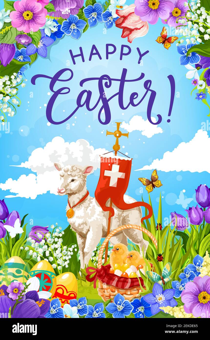 Christian religion lamb of God with cross, Easter greeting card vector ...