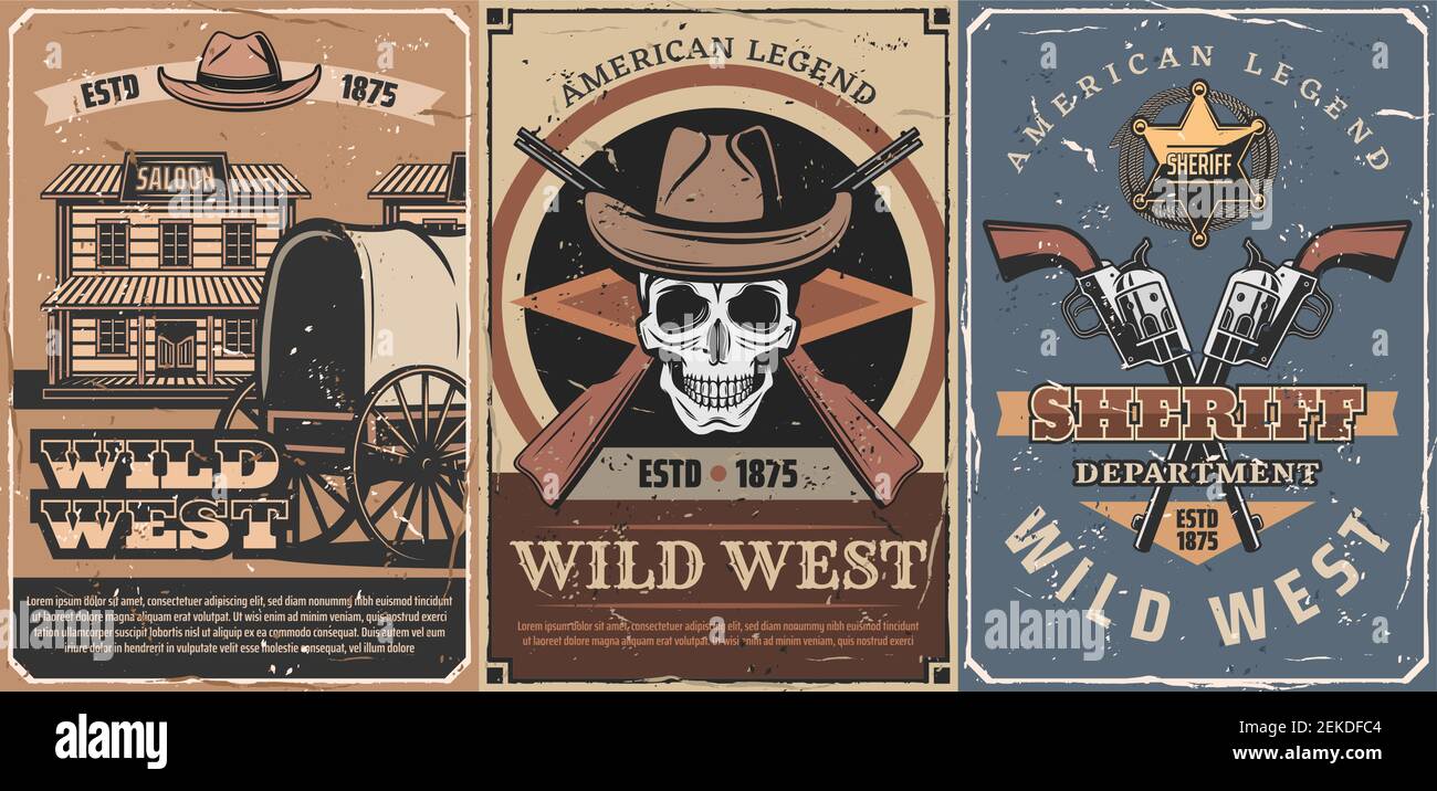 Wild West American Legend retro posters. Vector cowboy skull, sheriff ...