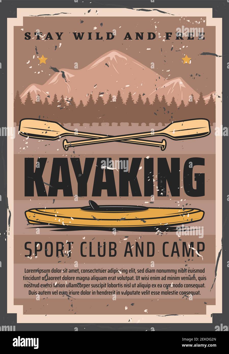Kayak sport club and camp retro design of vector canoe boat and paddles ...