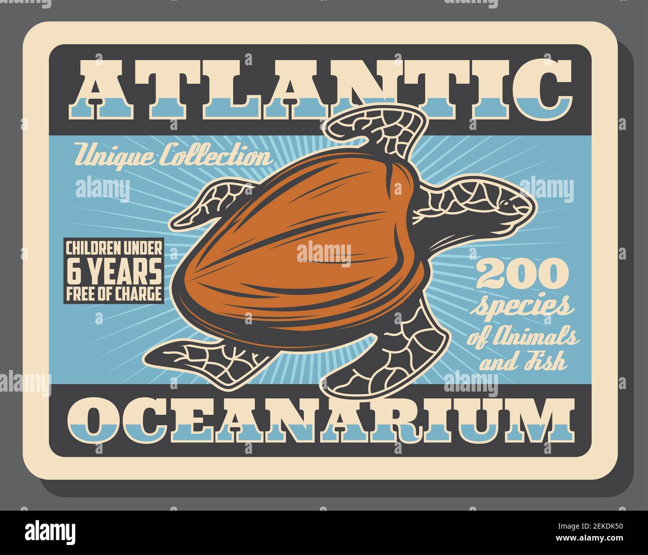 Sea turtle, underwater ocean animal retro poster of Atlantic Oceanarium ...