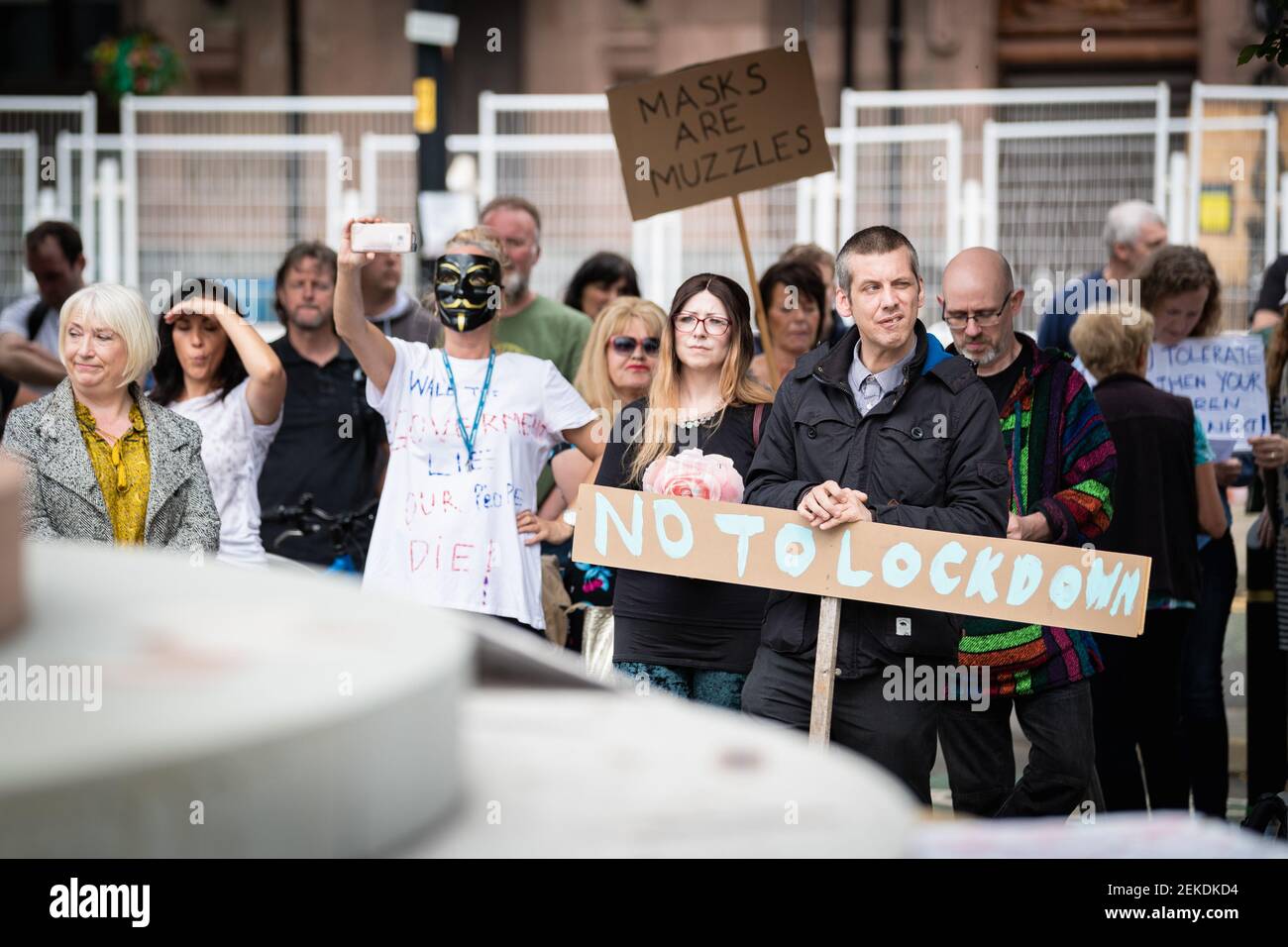 Demonstrators gather at the Peterloo Memorial during the freedom rally ...
