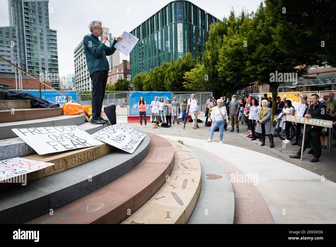 Piers Corbyn speaks to protesters at the Peterloo Massacre memorial ...