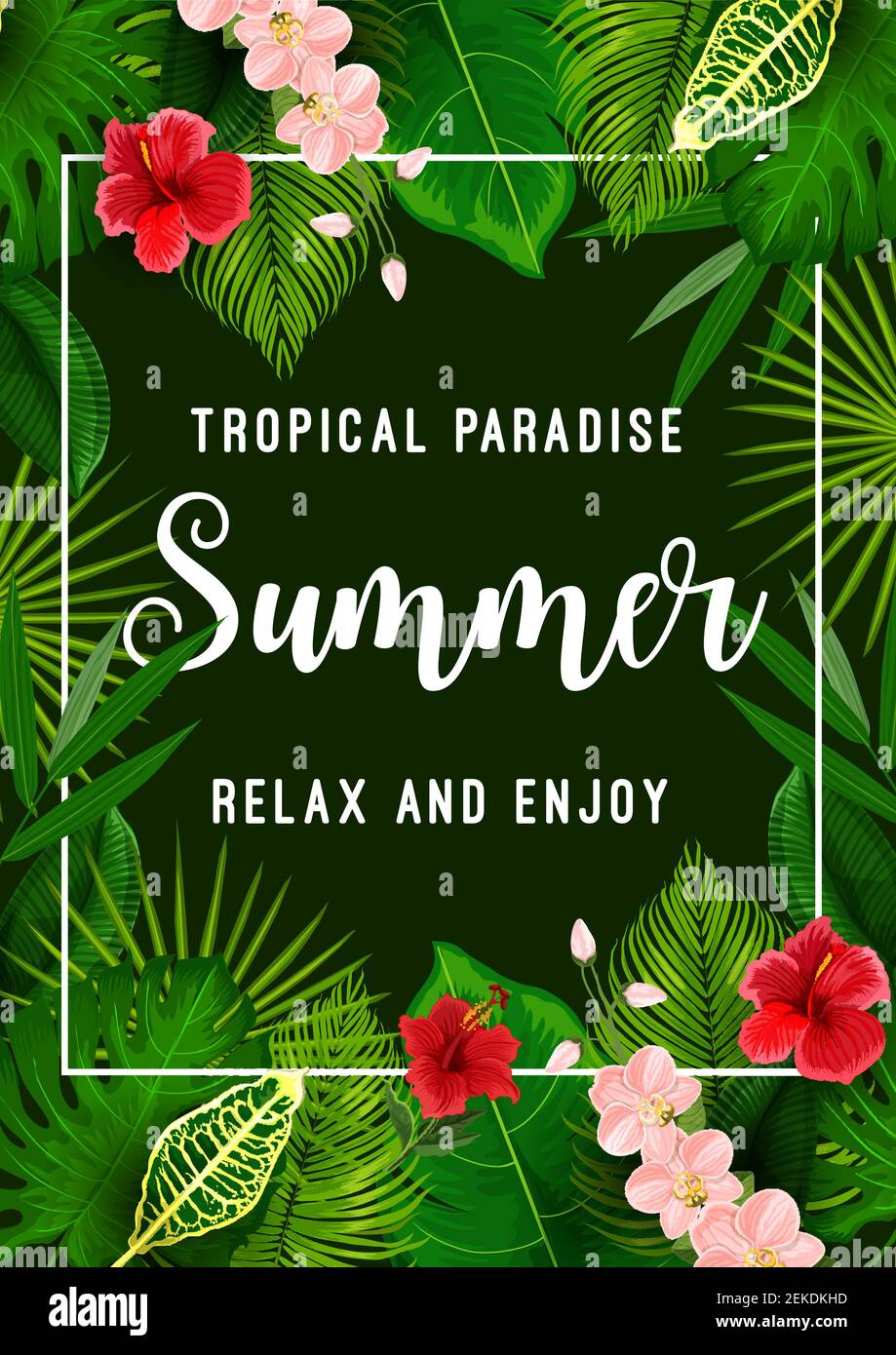 Summer tropical palm leaf and flower poster. Exotic floral frame with ...