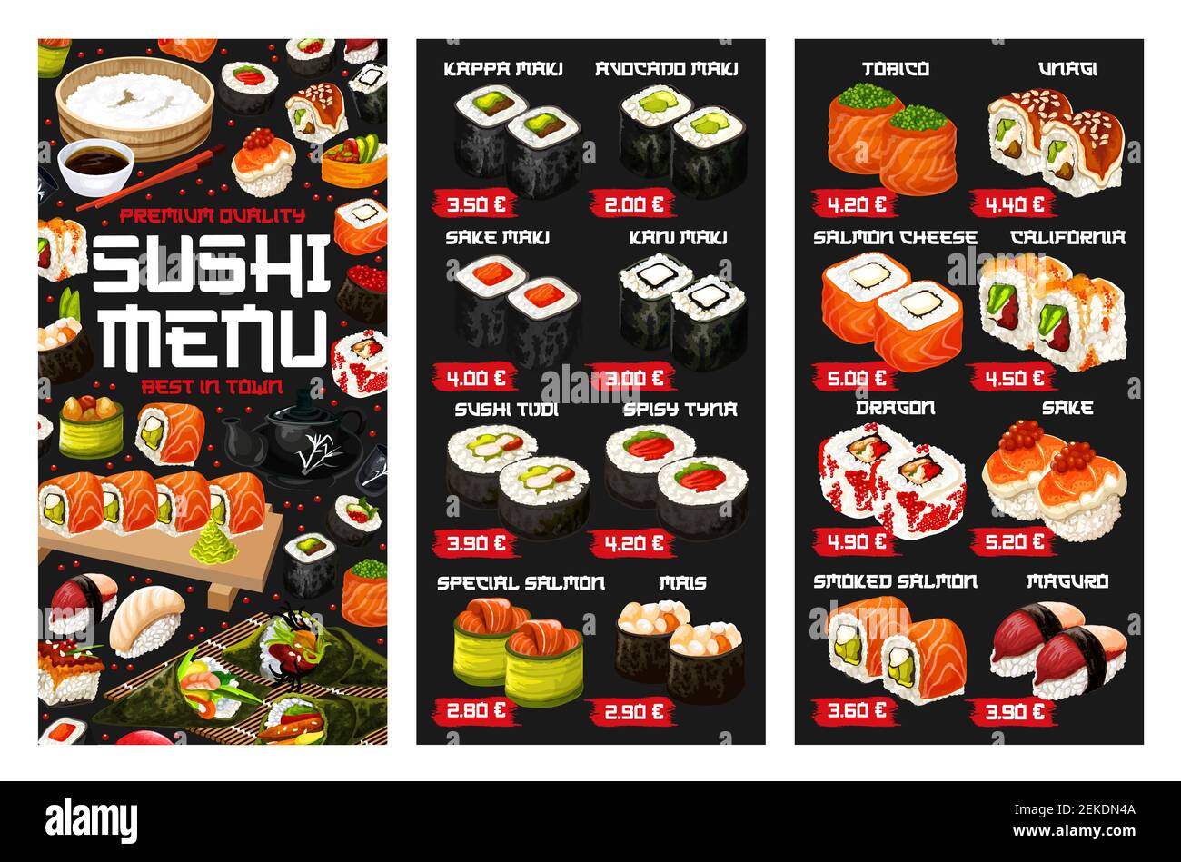 Sushi menu vector template of Japanese cuisine seafood and rice dishes ...