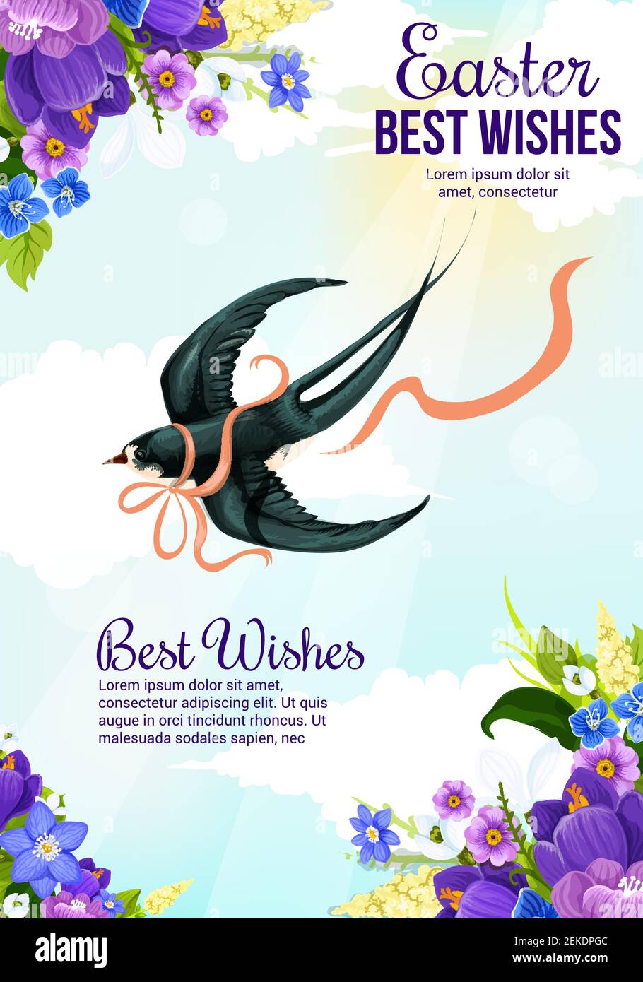 Easter Holiday greeting card with spring bird and flower corner ...