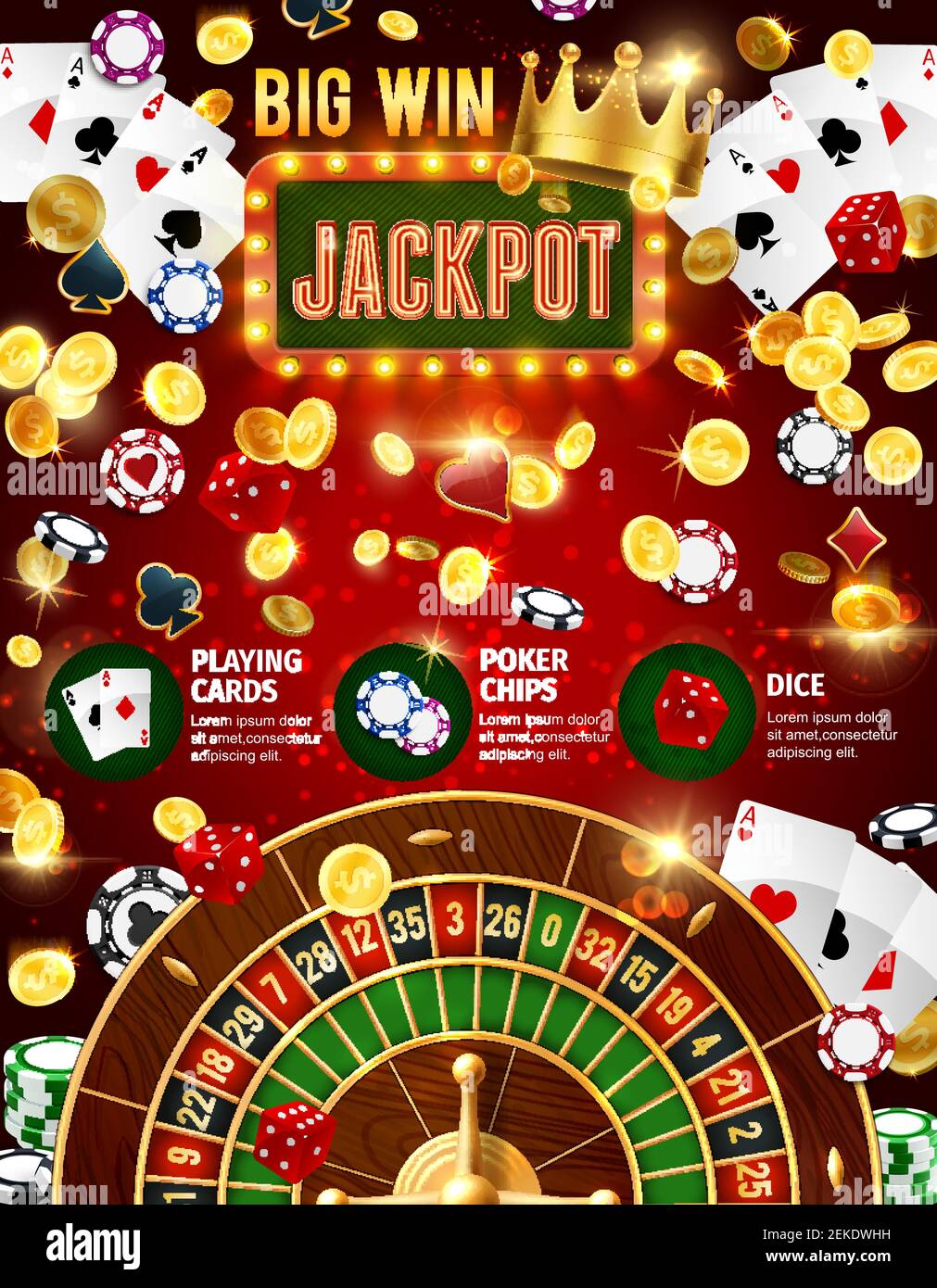 Casino jackpot 3d vector poster of gambling game roulette, dice and ...