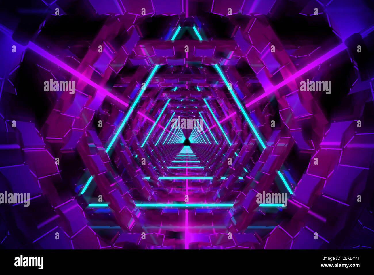 Colorful ultraviolet neon geometric glowing funnel portal. 3d ...