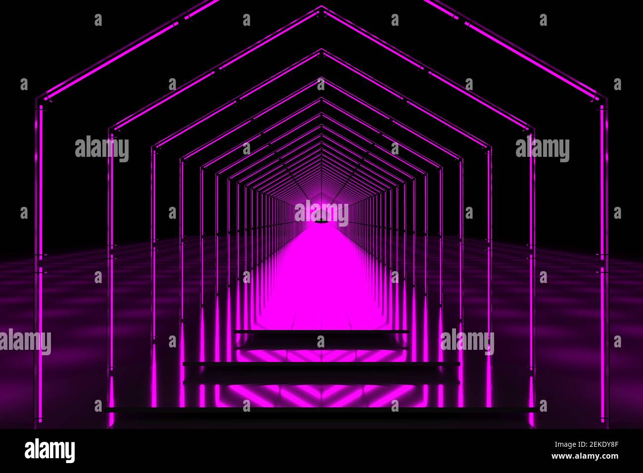 Bright pink dark podium portal with neon lights. 3d render Stock Photo ...