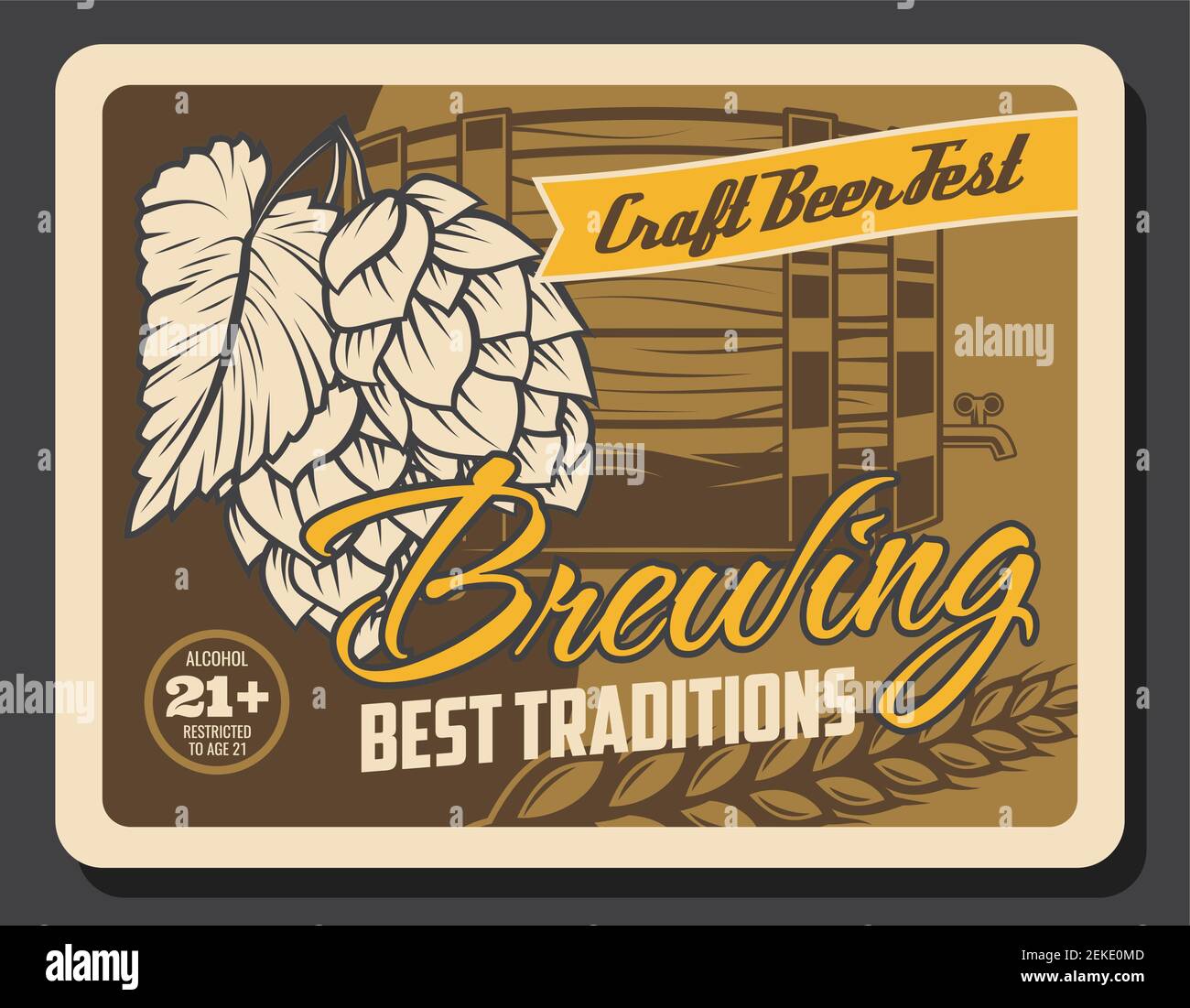 Craft beer brewery, alcohol drink brewing vector design. Wooden barrel ...
