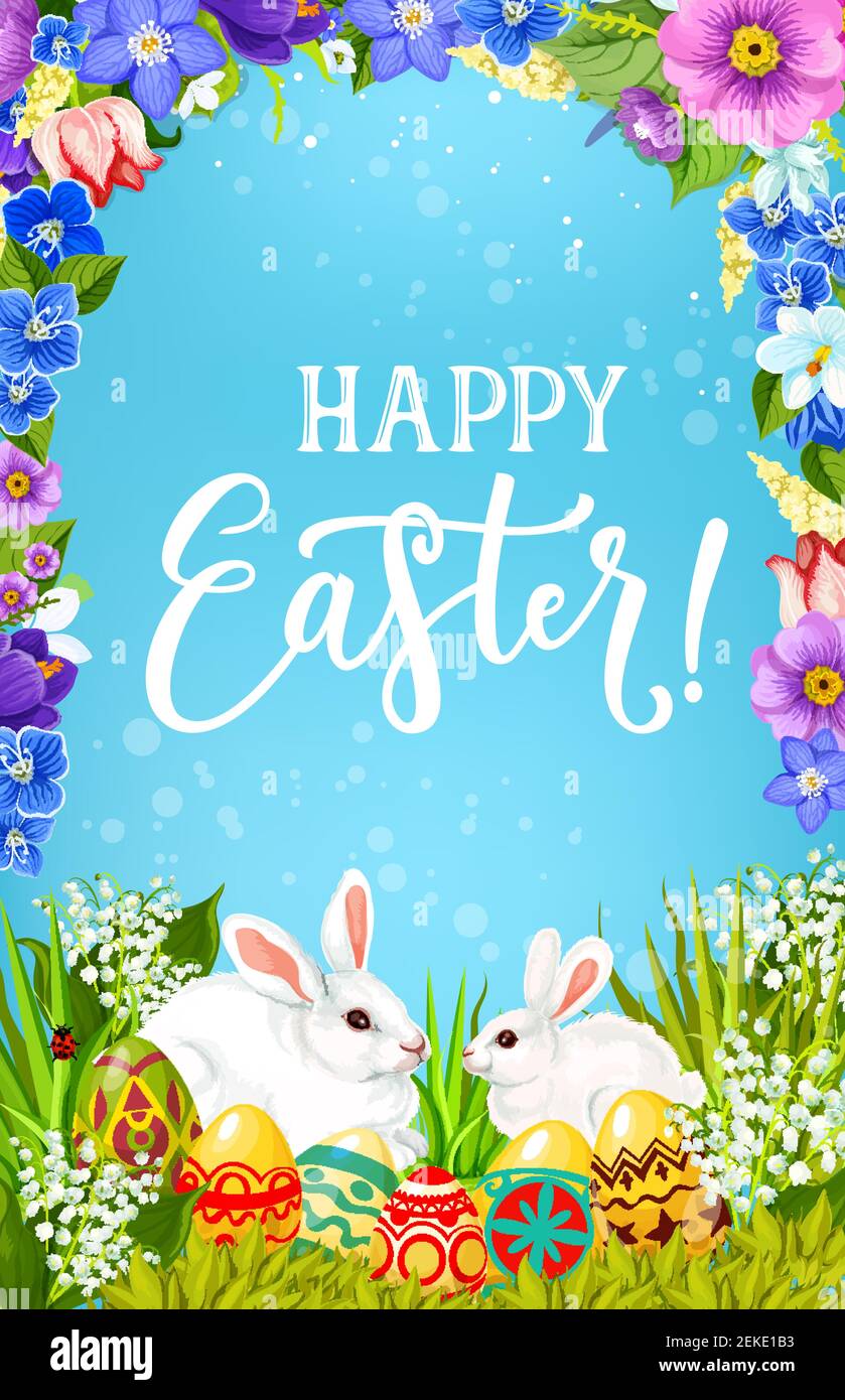 Easter religious holiday bunnies with eggs in green grass vector ...